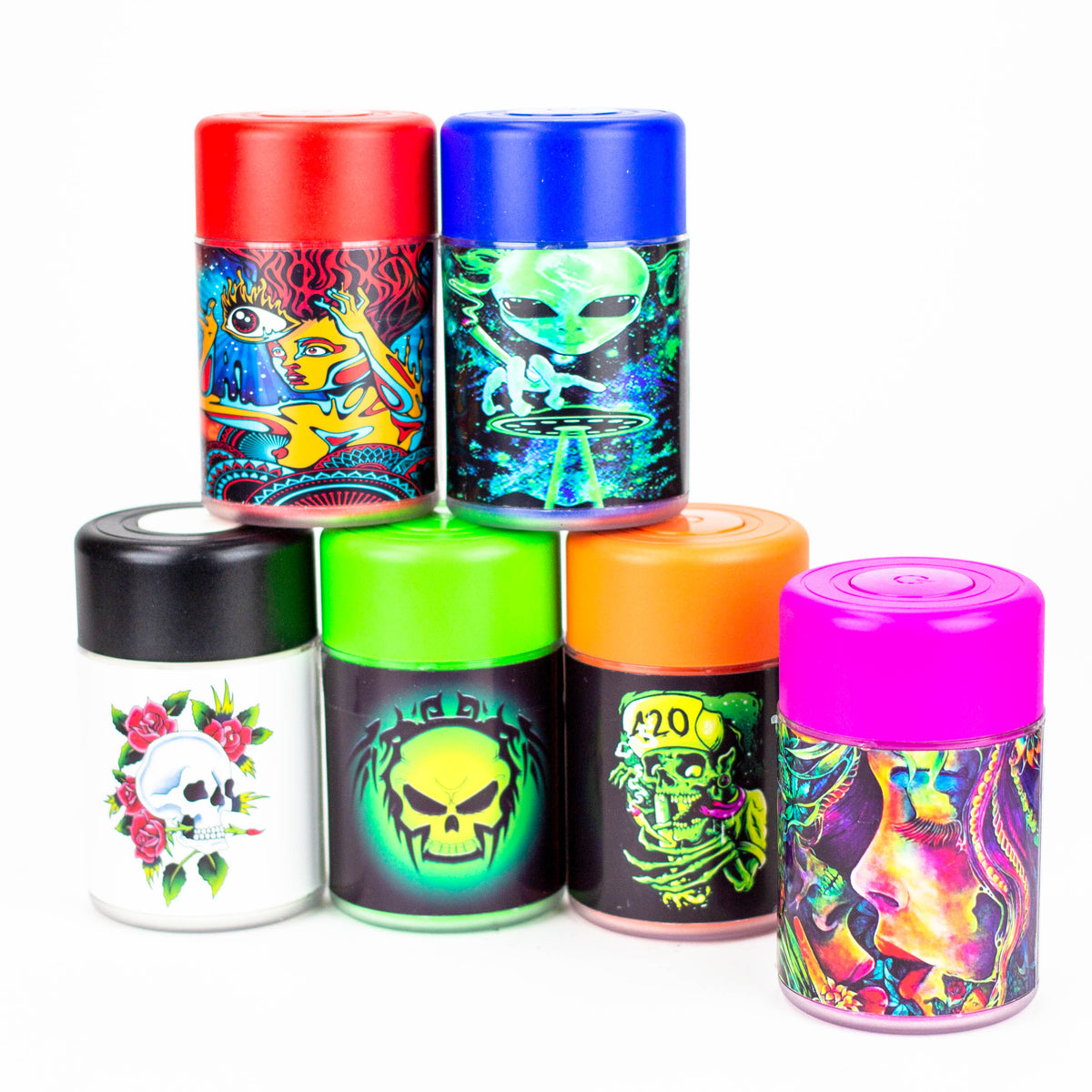 LED Plastic Stash Jars with Skull Designs Box of 6 — One Wholesale